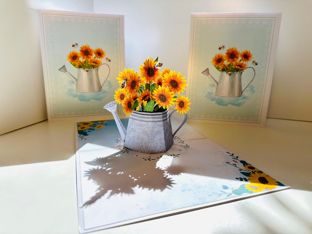 Vintage Watering Can With Sunflowers 3D Pop up Origami Greeting Card ...