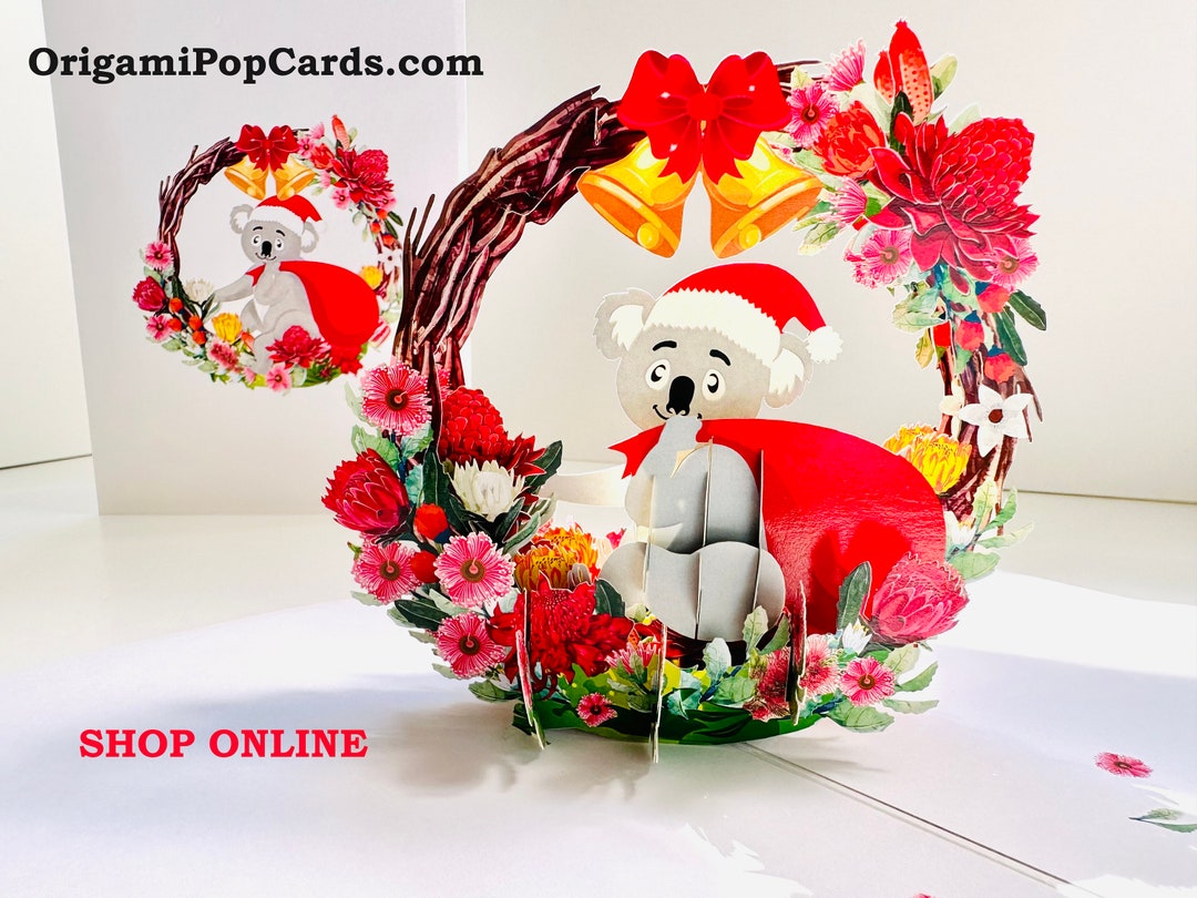 Merry Christmas Santa Koala & Australian Native Flower Wreath 3D Pop up ...