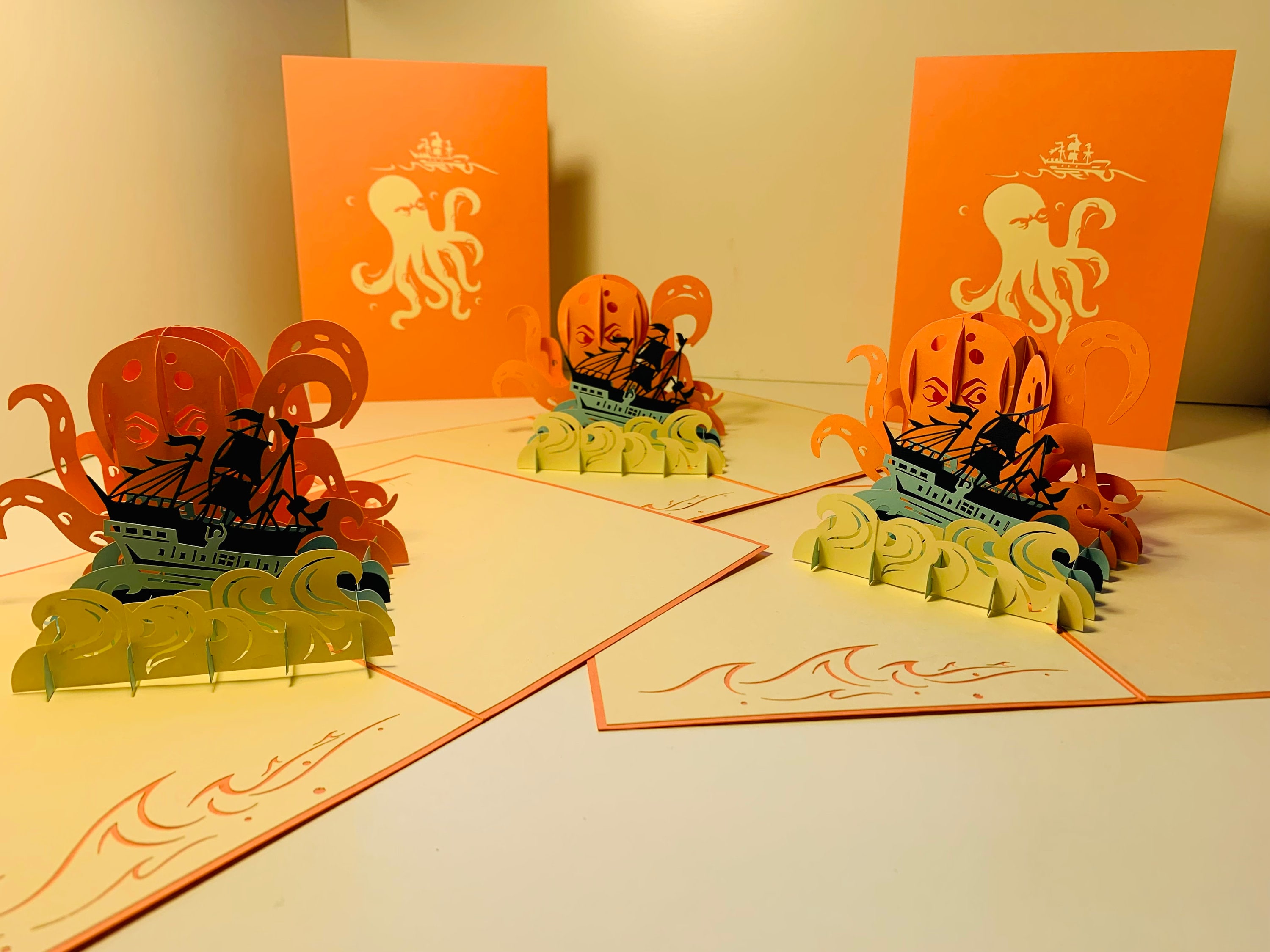 Giant Orange Octopus & Blue Ship Card - Created by Origami Pop Cards ...