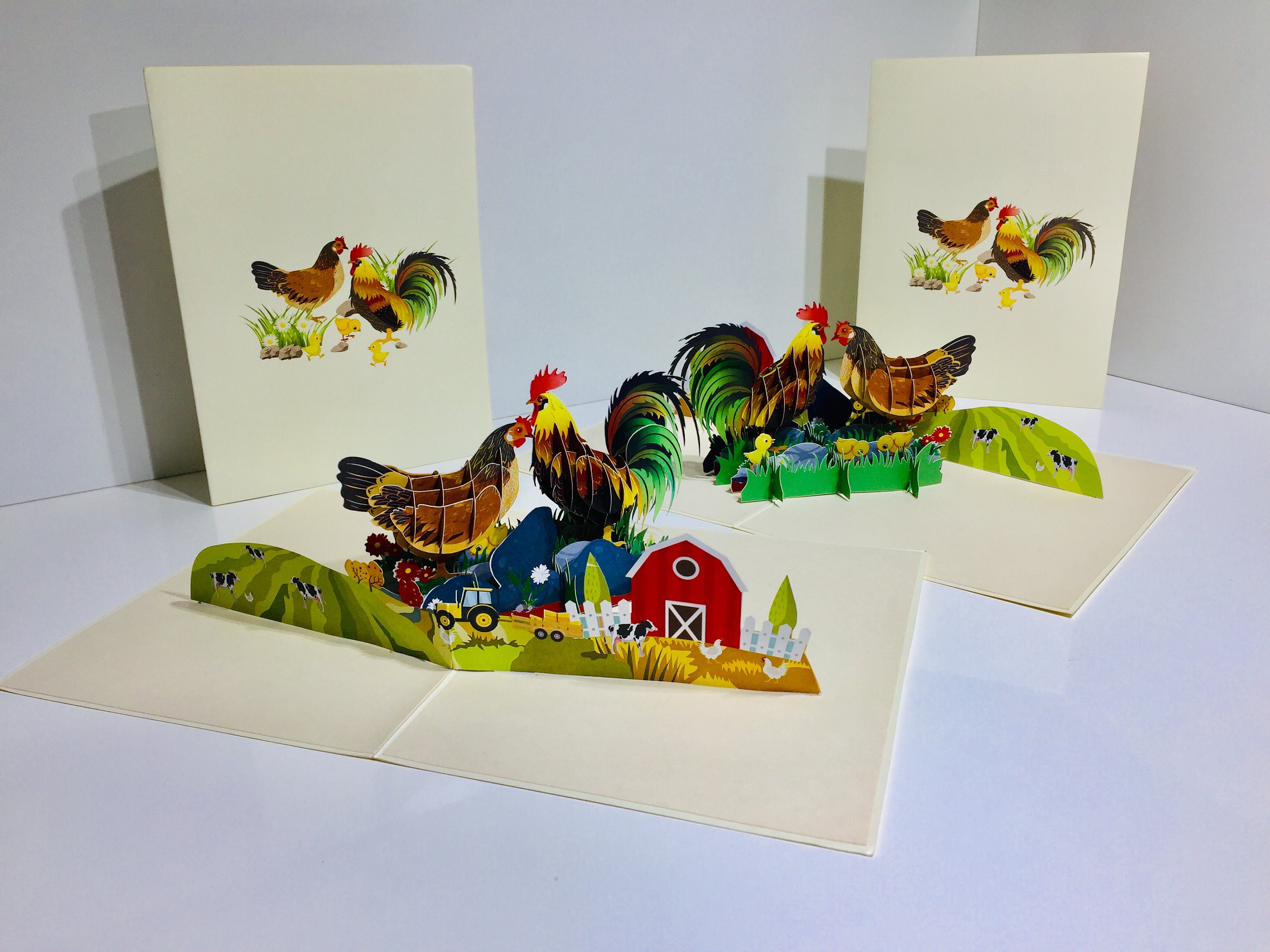 Chicken Family Colourful Rooster & Hen Card - Created by Origami Pop ...