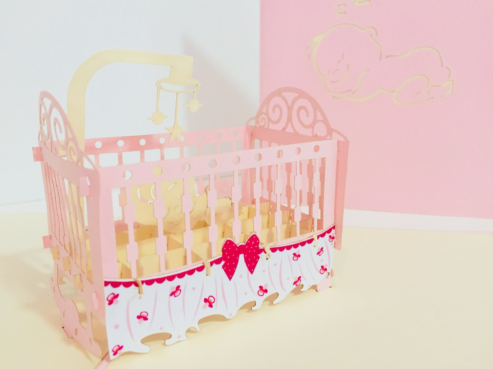Baby Cot in Pink 3D Birthday Greeting Card Origami Handmade Birthday ...