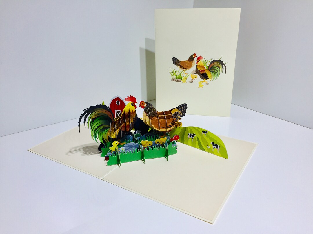 Chicken Family Colourful Rooster & Hen Card - Created by Origami Pop ...