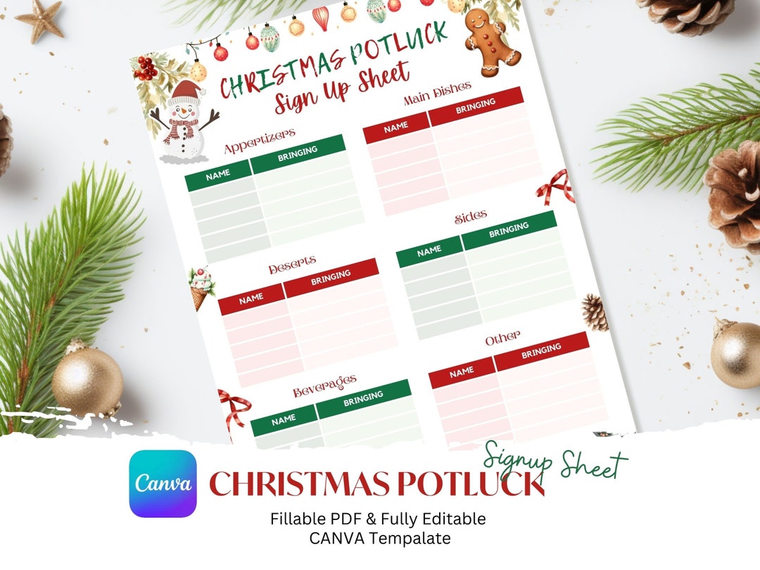 Christmas Potluck Sign up Sheet EDITABLE Holiday Potluck Sign up PDF ...
