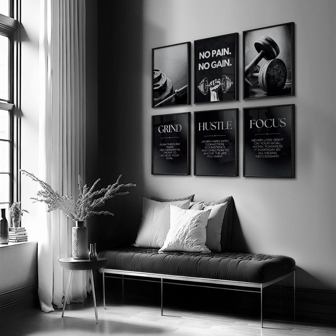 Set of 6 Motivational Wall Art Prints for Men – Masculine Gym & Office ...