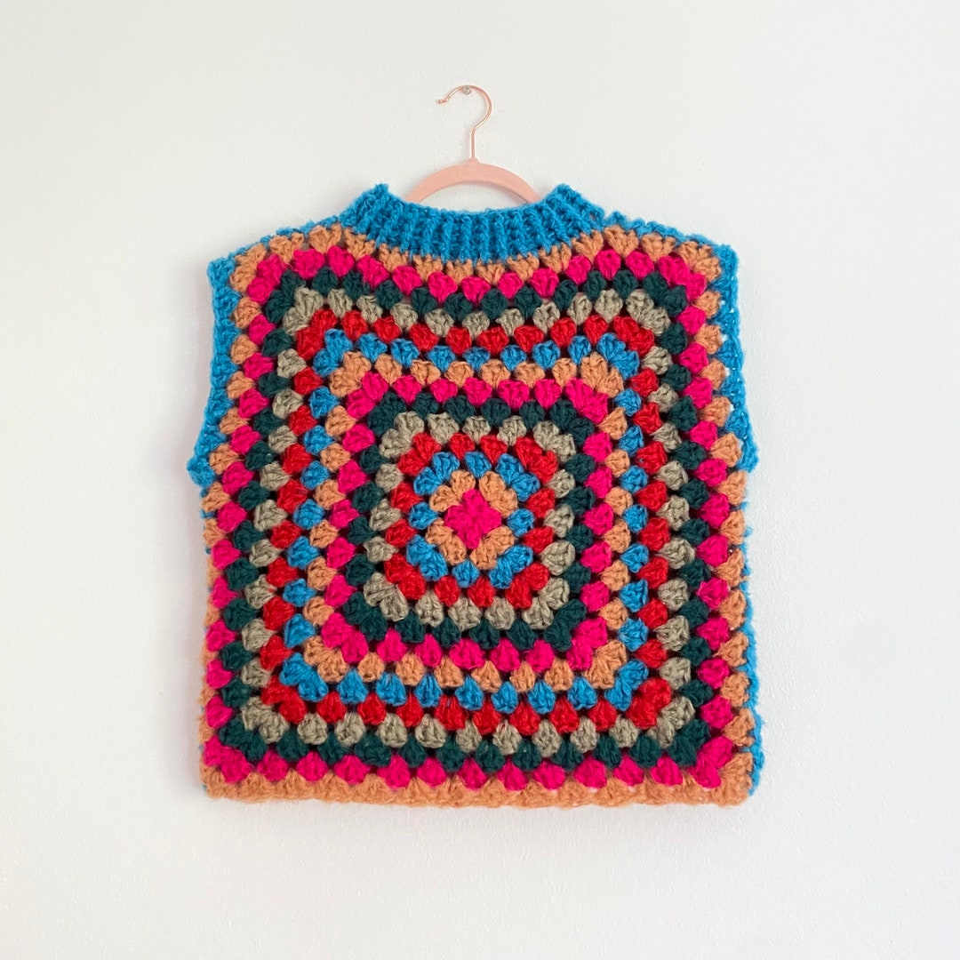Knitted Vest Granny Square, Boho Patchwork Vest, Colorful Granny Square ...