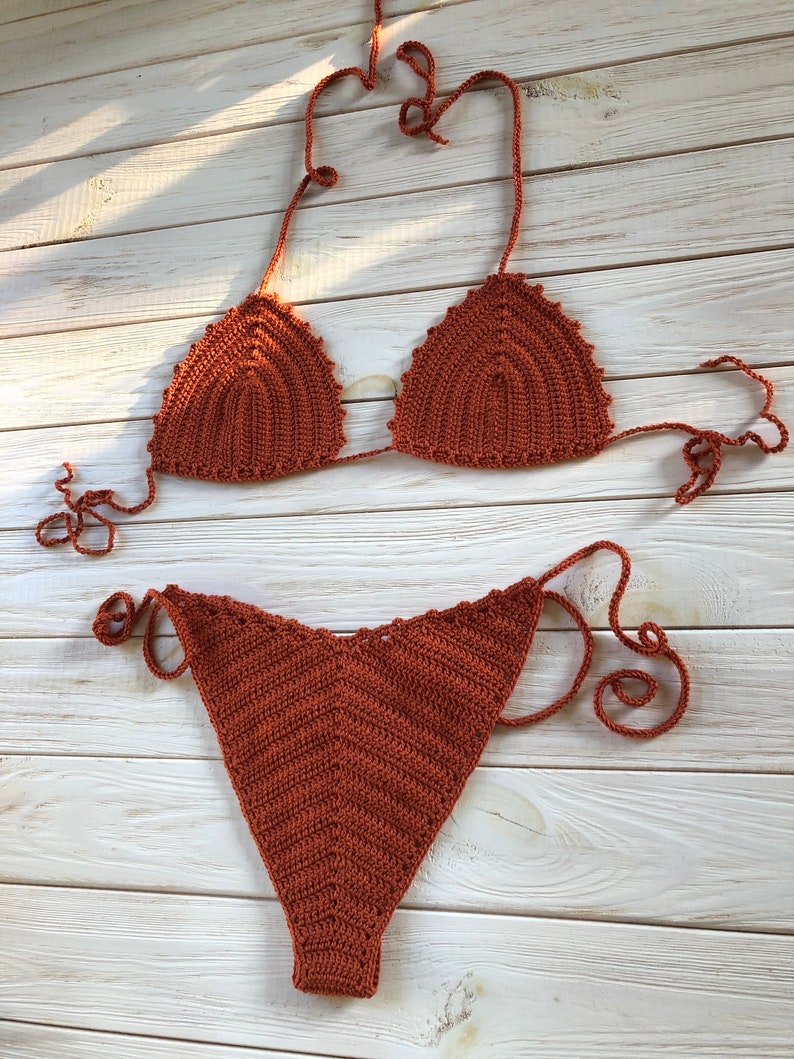 See Through Crochet Bikini Set Thong Crocheted Swimsuit - Etsy
