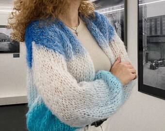 Airy Mohair Bomber Hand Knit Mohair Cardigan, Balloon Sleeves, Bridal Knit Soft Mohair ...