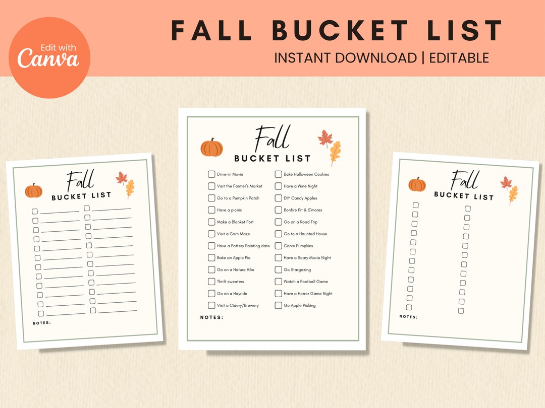 Fall Bucket List Printable, Autumn Bucket List Template, Editable Fall ...