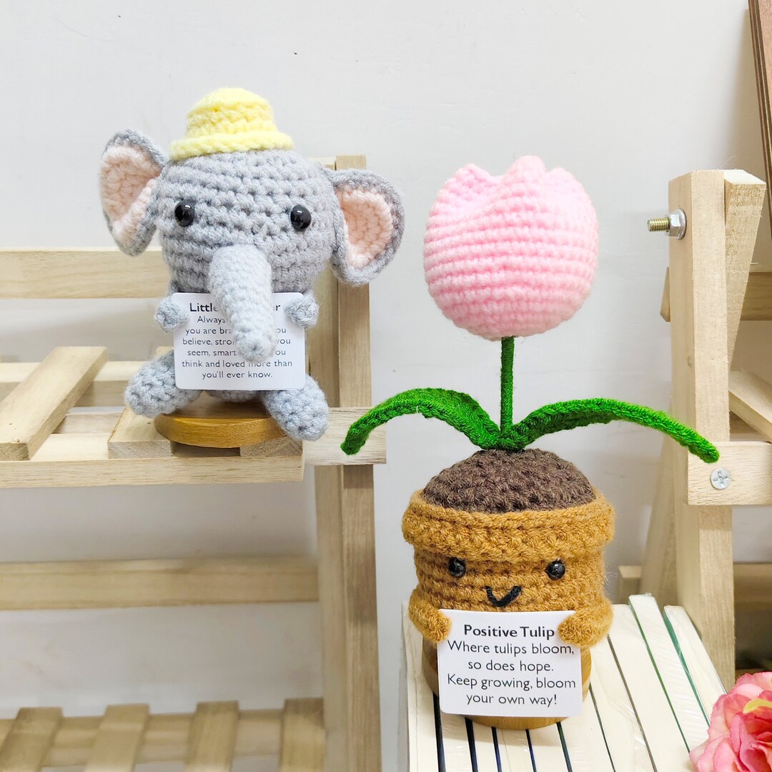 Crochet Elephant and Positive Tulip With Desk Decorations, Heartwarming ...