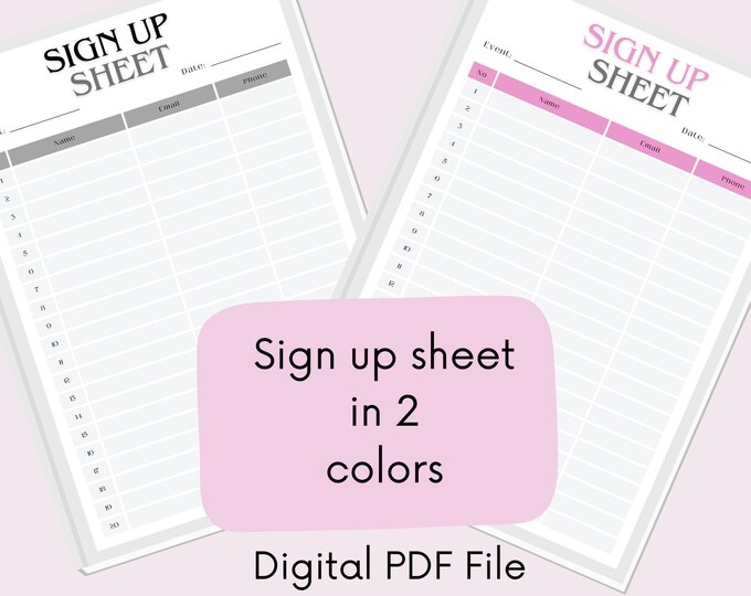 Sign up Sheet Fillable Digital PDF Event Sign up Sheets A4 / US Letter ...