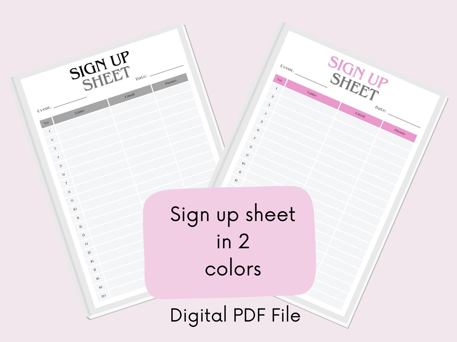 Sign up Sheet - Non Fillable Digital PDF Event Sign up Sheets - A4 / US ...