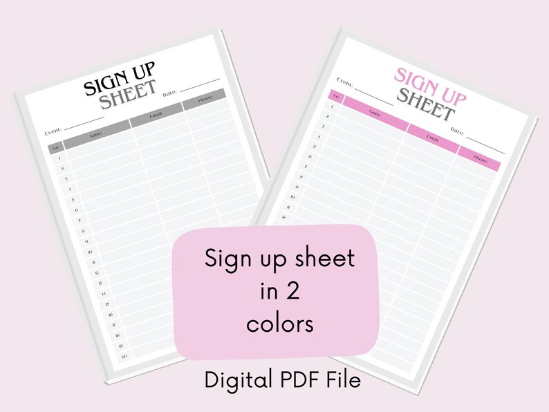 Sign up Sheet - Non Fillable Digital PDF Event Sign up Sheets - A4 / US ...