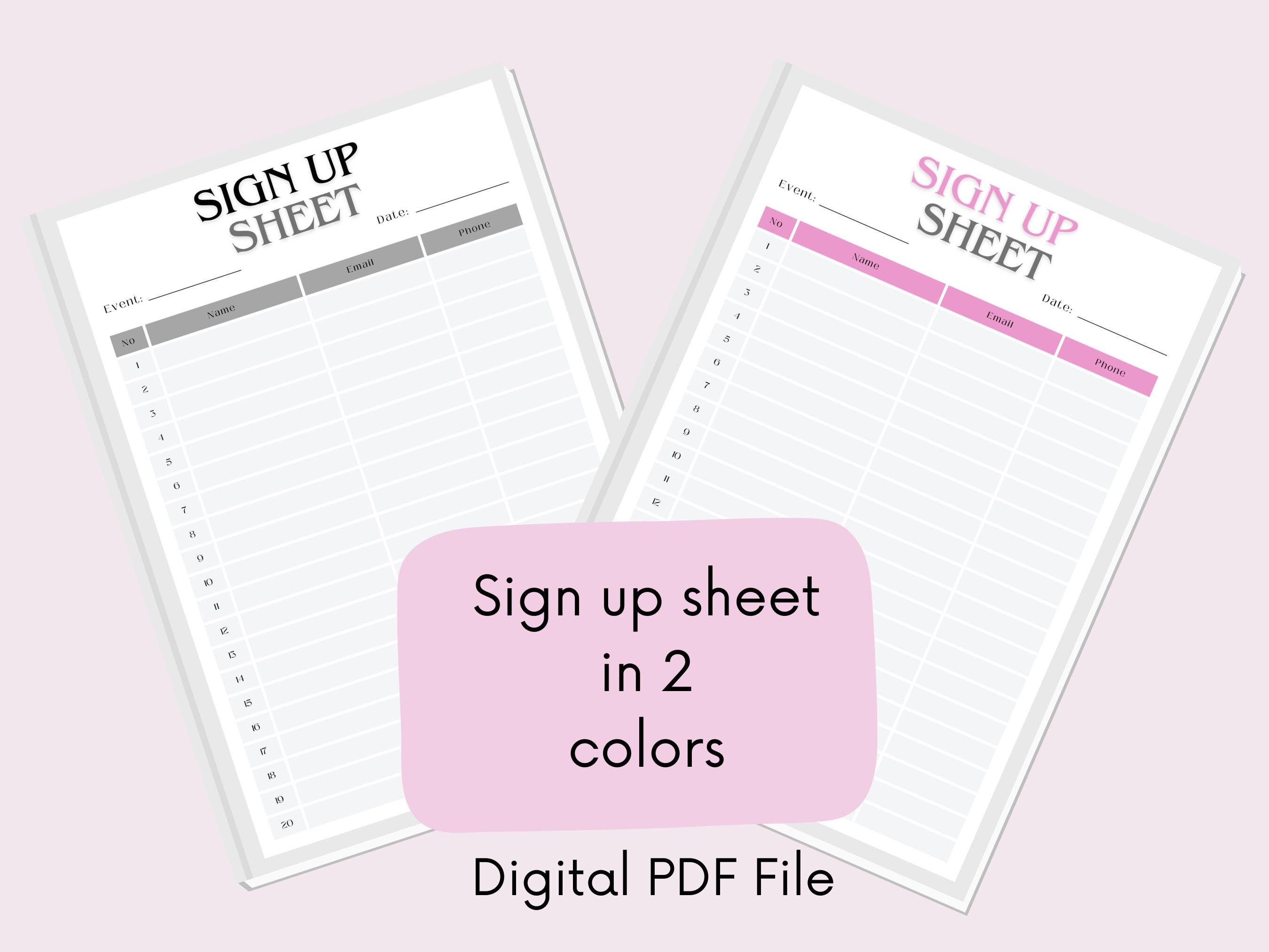 Sign up Sheet - Non Fillable Digital PDF Event Sign up Sheets - A4 / US ...
