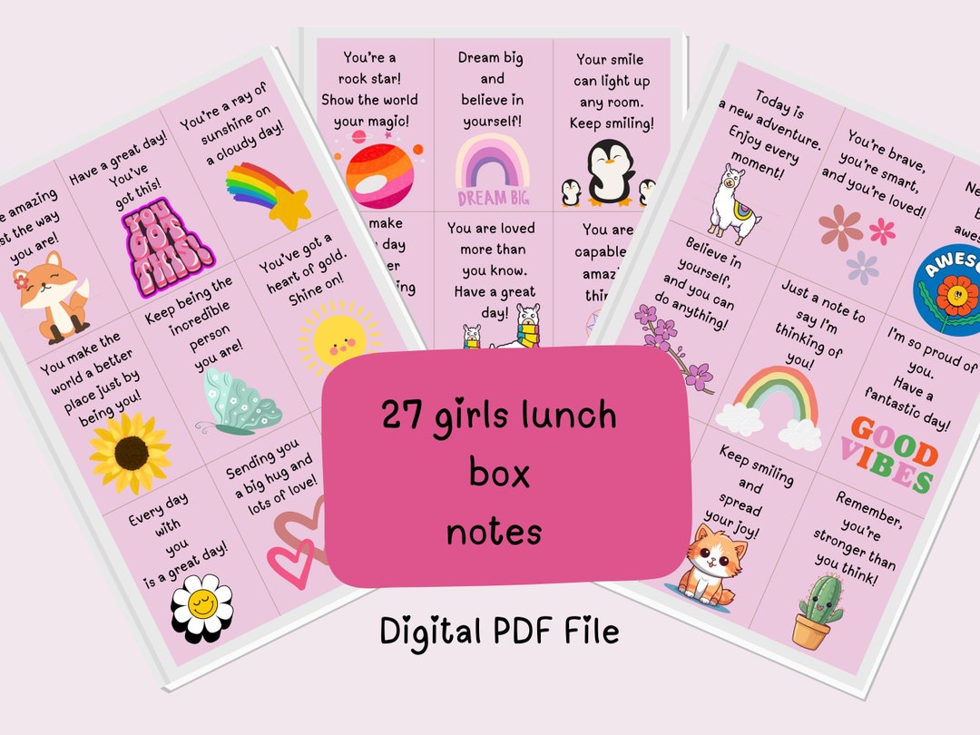 Printable Girls Lunch Box Notes - Digital PDF | 27 Cute & Inspirational ...