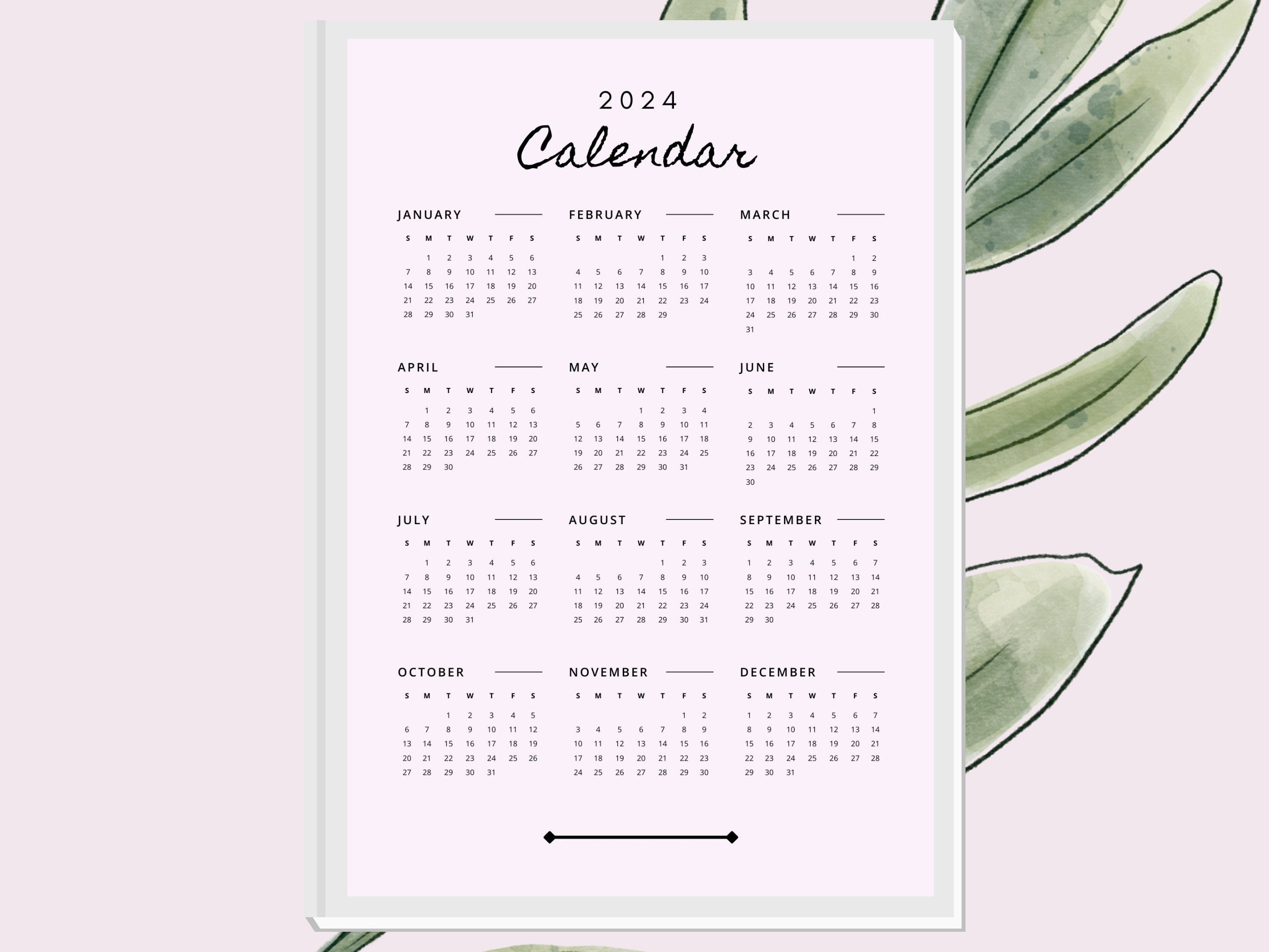 2024 Calendar, Digital PDF Printable Calendar/ 2024 Calendar PDF ...