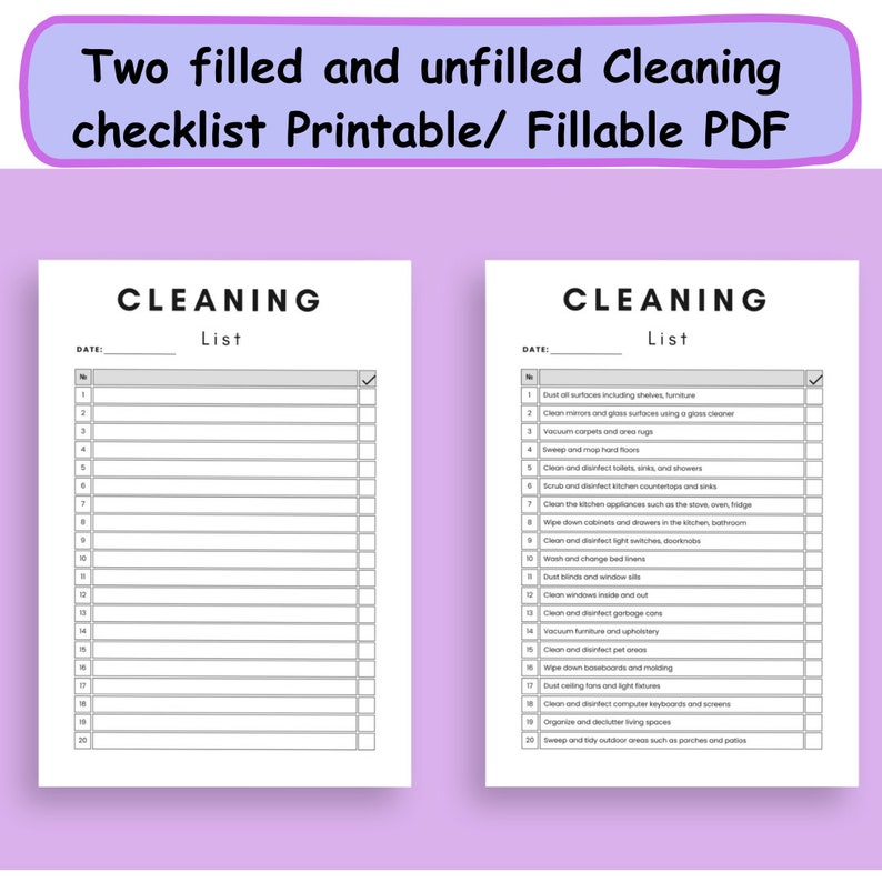 Cleaning List, PDF Fillable Printable Cleaning / Chore List, Digital ...