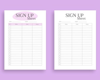 Sign up Sheet - Non Fillable Digital PDF Event Sign up Sheets - A4 / US ...
