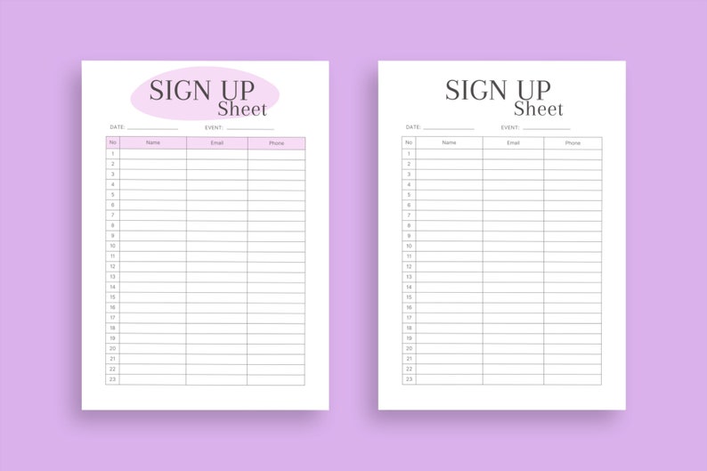 Sign up Sheet - Fillable Digital PDF Event Sign up Sheets - A4 / US ...