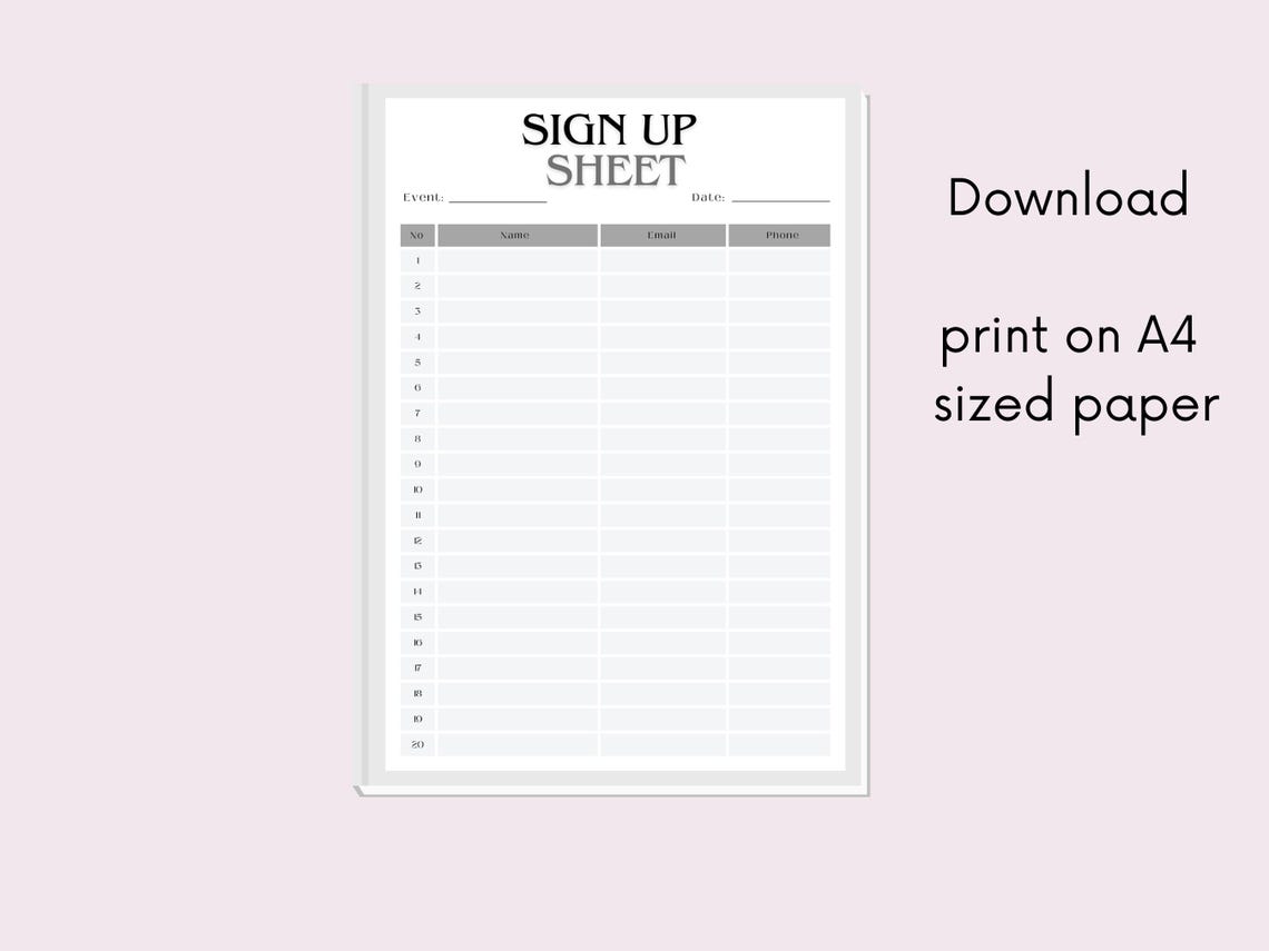 Sign up Sheet - Non Fillable Digital PDF Event Sign up Sheets - A4 / US ...