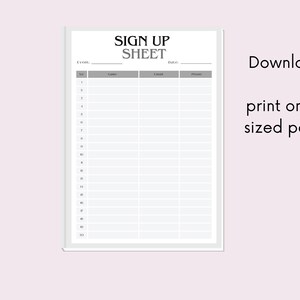 Sign up Sheet - Non Fillable Digital PDF Event Sign up Sheets - A4 / US ...