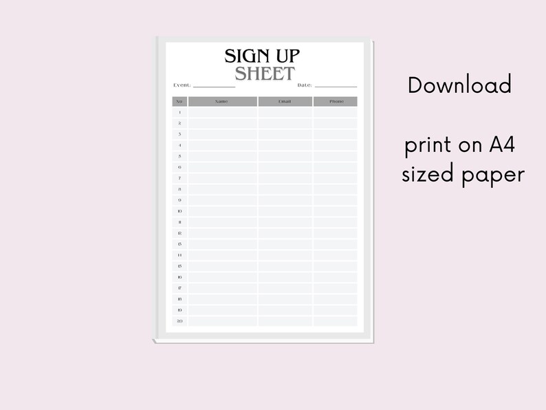 Sign up Sheet - Non Fillable Digital PDF Event Sign up Sheets - A4 / US ...