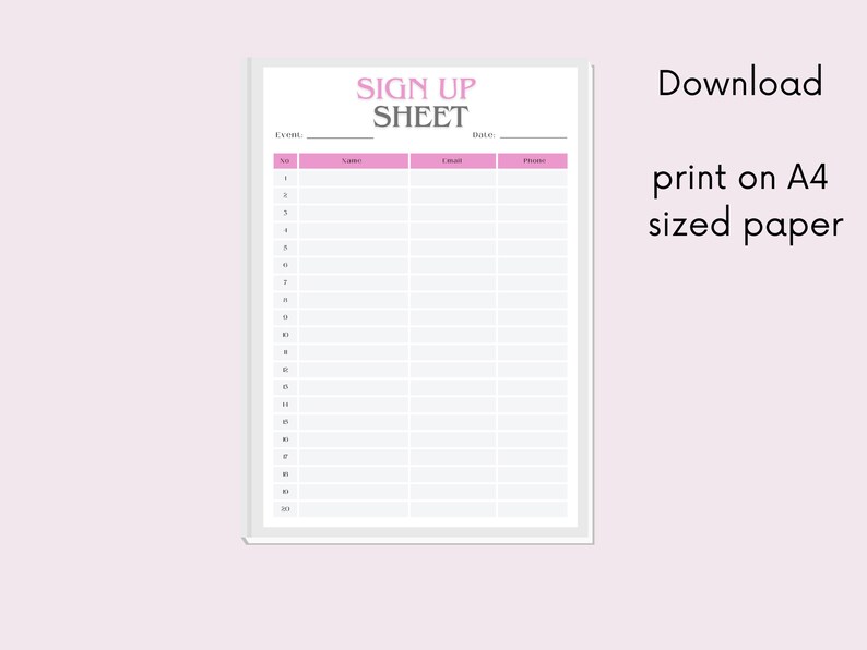 Sign up Sheet - Non Fillable Digital PDF Event Sign up Sheets - A4 / US ...
