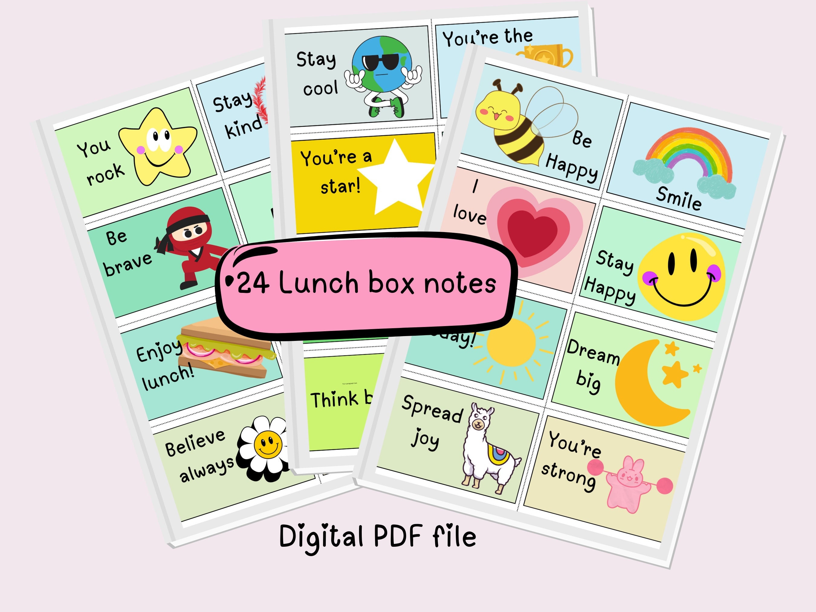 Cute Kids Lunch Box Printable Notes - Digital PDF | Cute ...