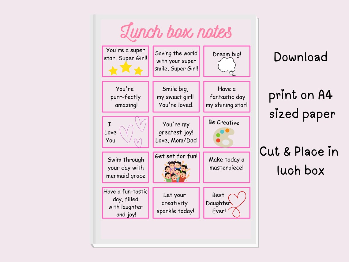 Printable Girls Lunch Box Notes Digital PDF Cute & Inspirational School ...