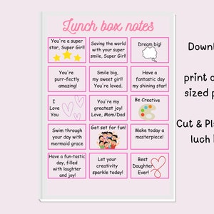 Printable Girls Lunch Box Notes Digital PDF Cute & Inspirational School ...