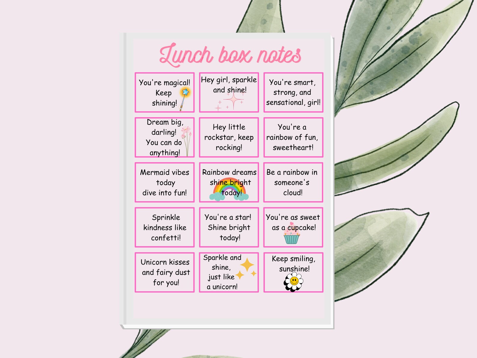 Printable Girls Lunch Box Notes Digital PDF Cute & Inspirational School ...