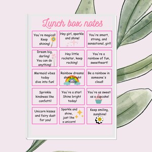Printable Girls Lunch Box Notes Digital PDF Cute & Inspirational School ...