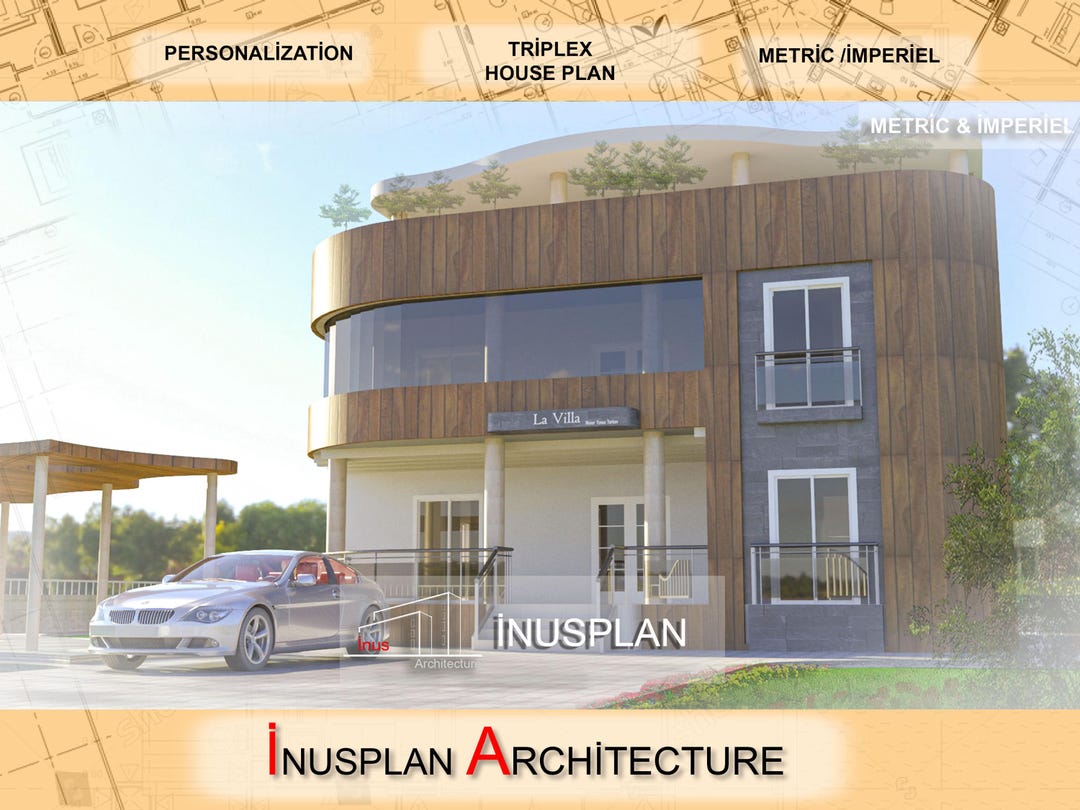 Triplex Villa Plan With Wood Cladding: Custom Villa Design (PDF & Dwg ...