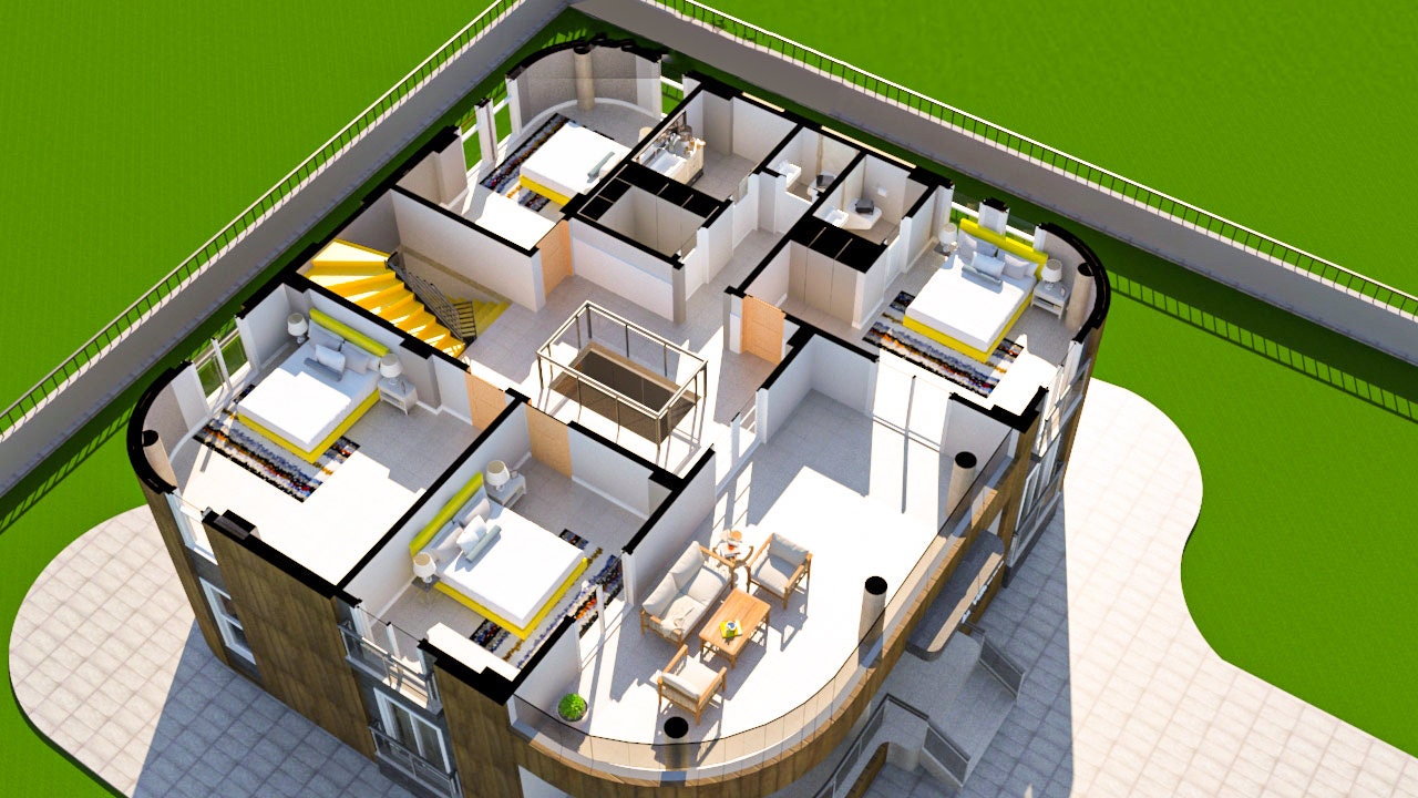 Triplex Villa Plan With Wood Cladding: Custom Villa Design (PDF & Dwg File) - Etsy