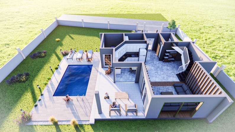 Villa House Plan With Pool & Terrace 1872 Ft2 3 Bedroom Home Blueprint ...