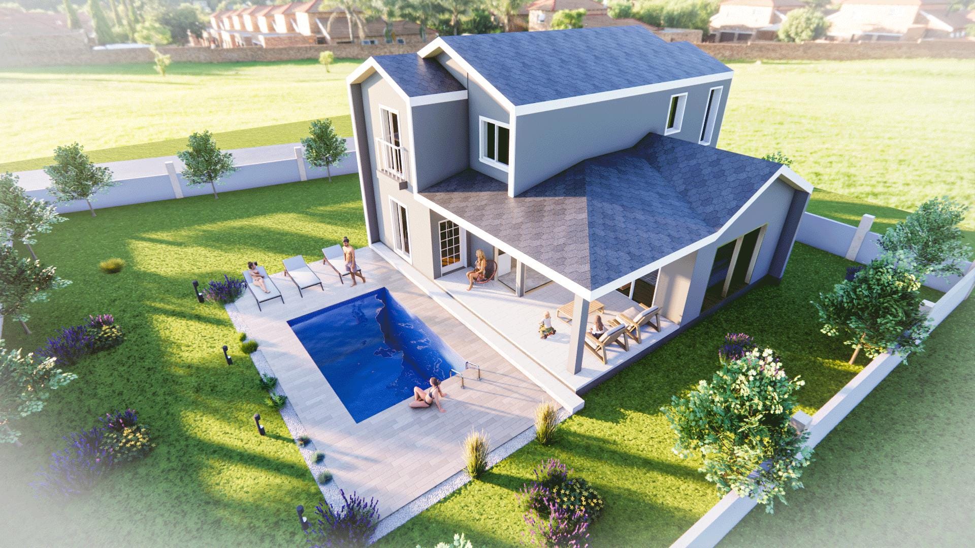 Villa House Plan With Pool & Terrace 1872 Ft2 3 Bedroom Home Blueprint ...