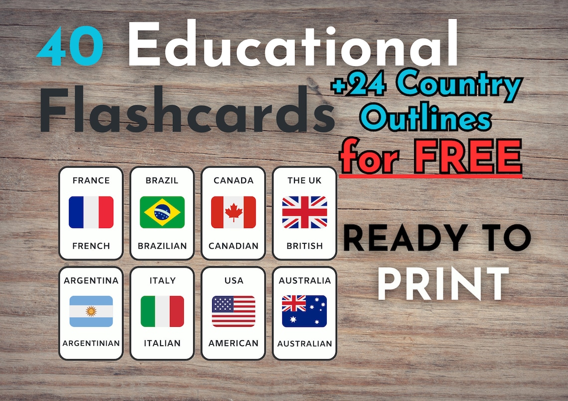 Set of 40 Educational Printable World Flags Flash Cards +++ 24 Country ...