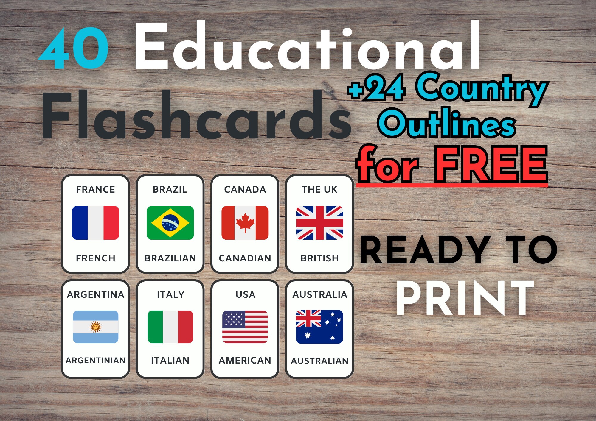 Set of 40 Educational Printable World Flags Flash Cards +++ 24 Country ...