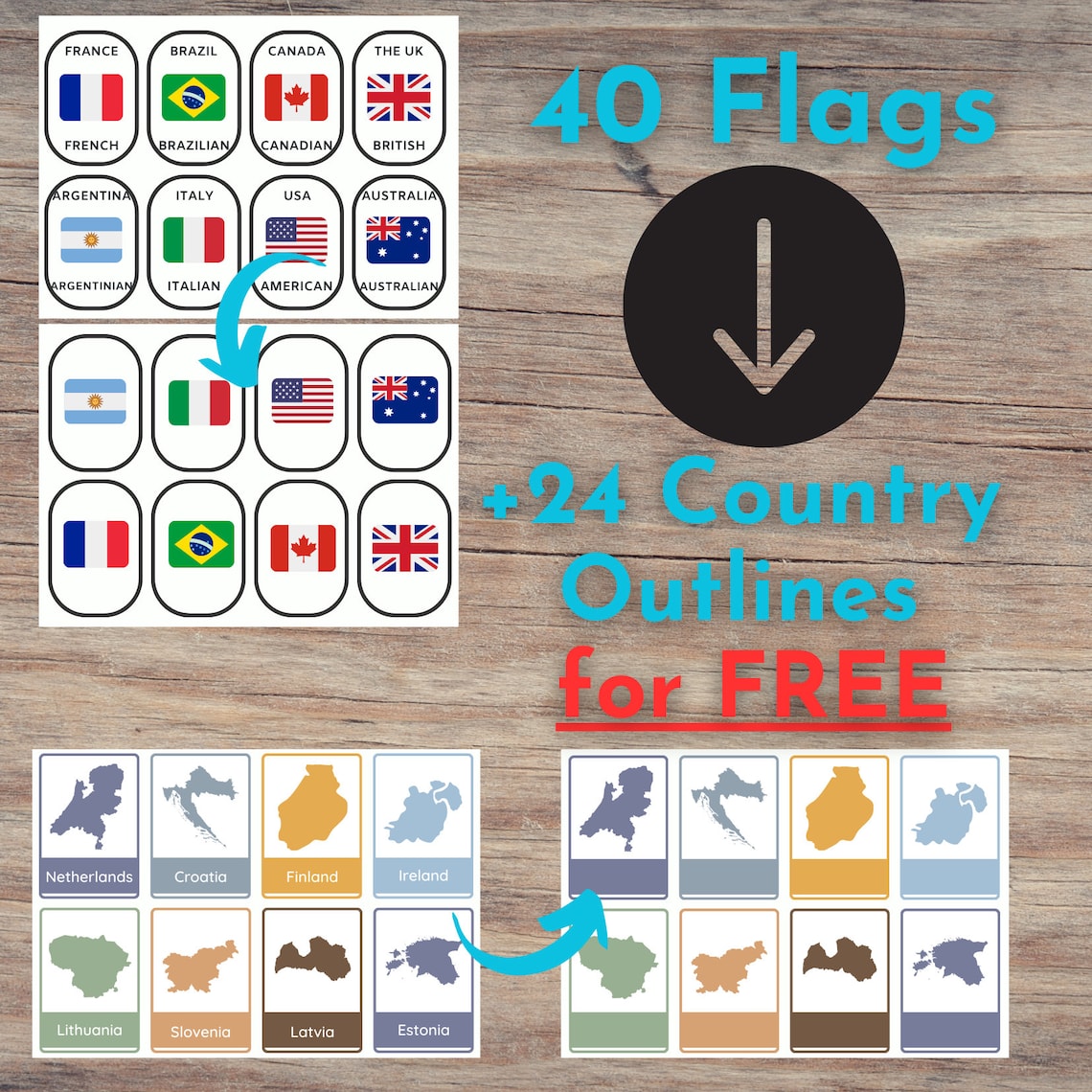 Set of 40 Educational Printable World Flags Flash Cards +++ 24 Country ...