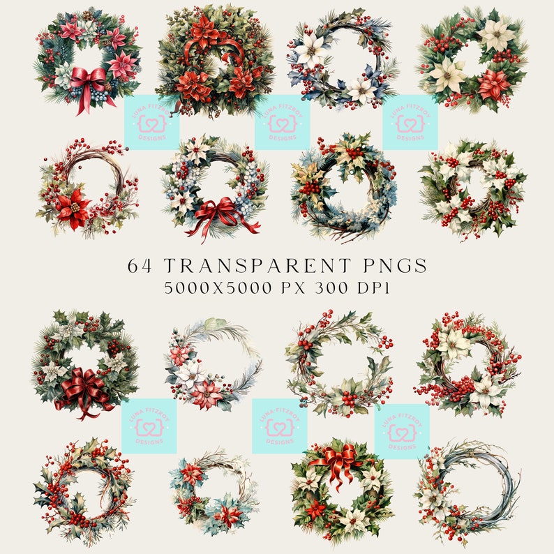 Christmas Wreath Clipart, Clipart Bundle Christmas 128 Pngs, Watercolor ...