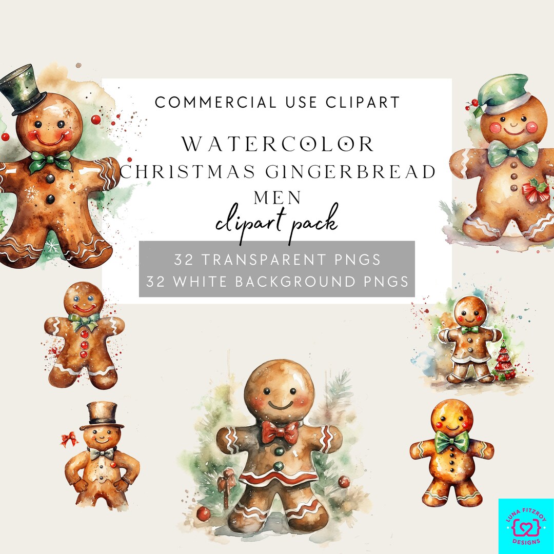 Gingerbread Man PNG, Bundle of 64 Watercolor Christmas Clipart ...