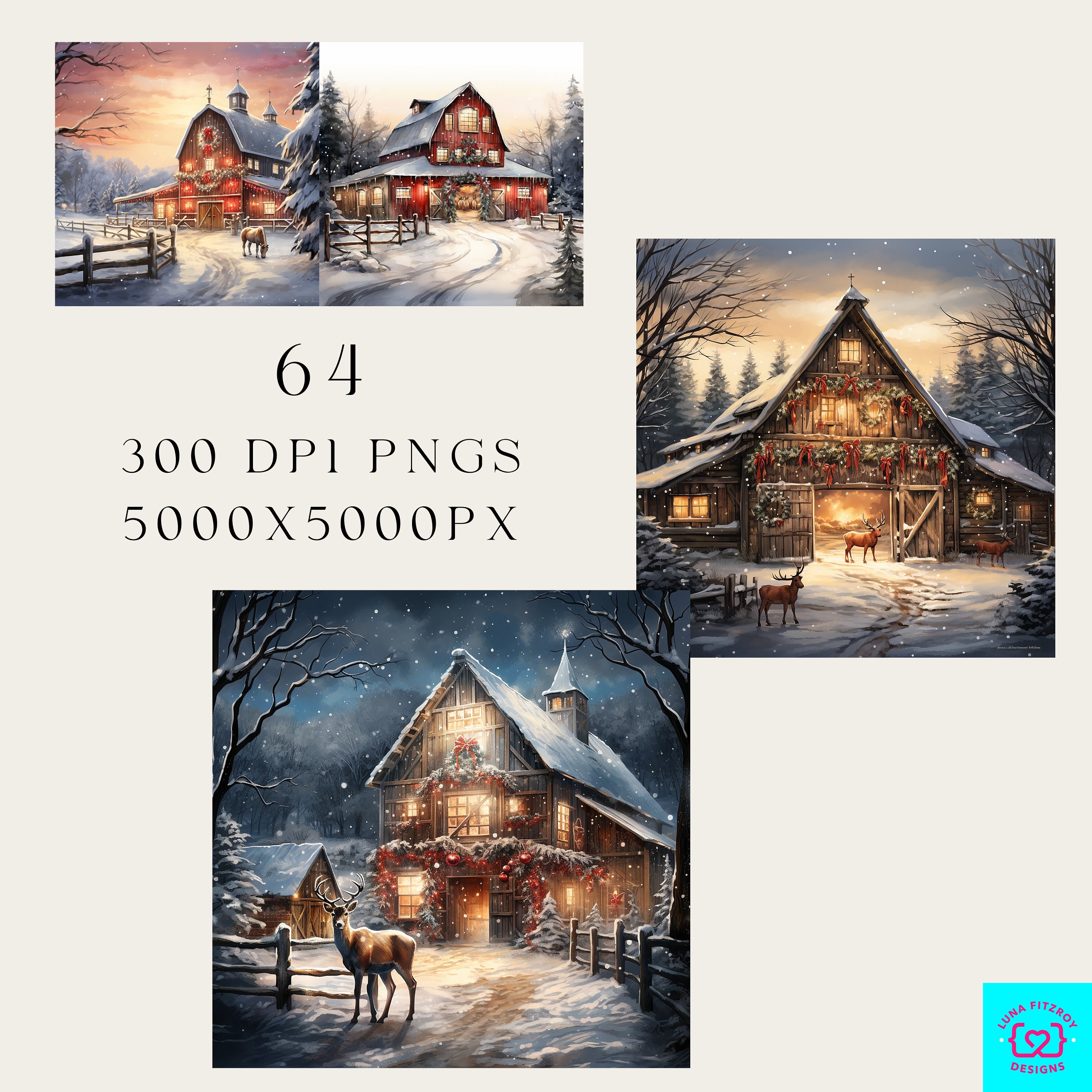 Country Christmas Barn Farmhouse Clipart Bundle of 64 Watercolor PNG ...