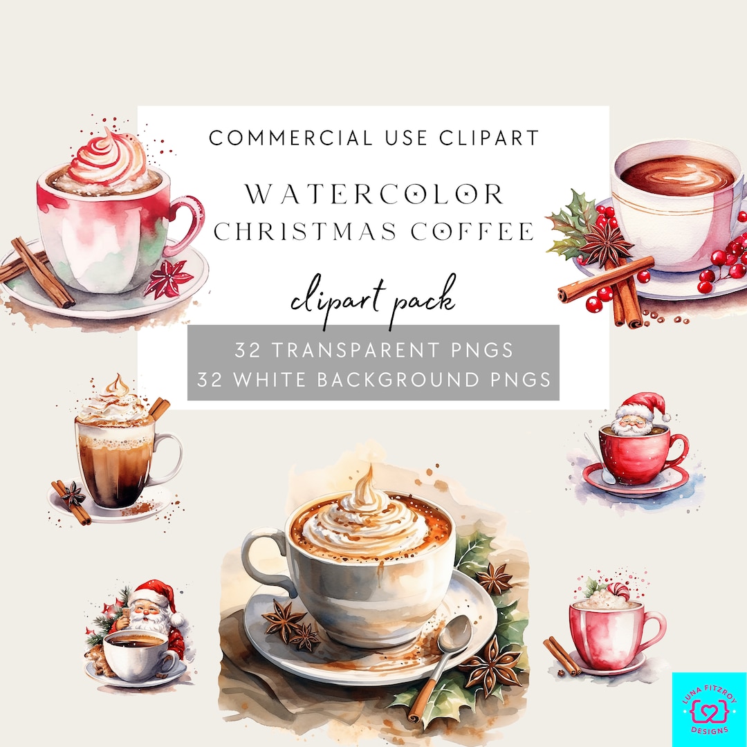 Christmas Coffee Clipart, Bundle of 64 Watercolor Christmas PNG, Boho ...