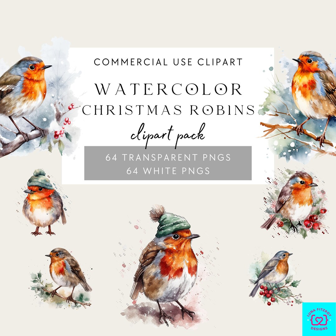 Christmas Robin Clipart, Clipart Bundle Christmas 128 Pngs, Watercolor ...