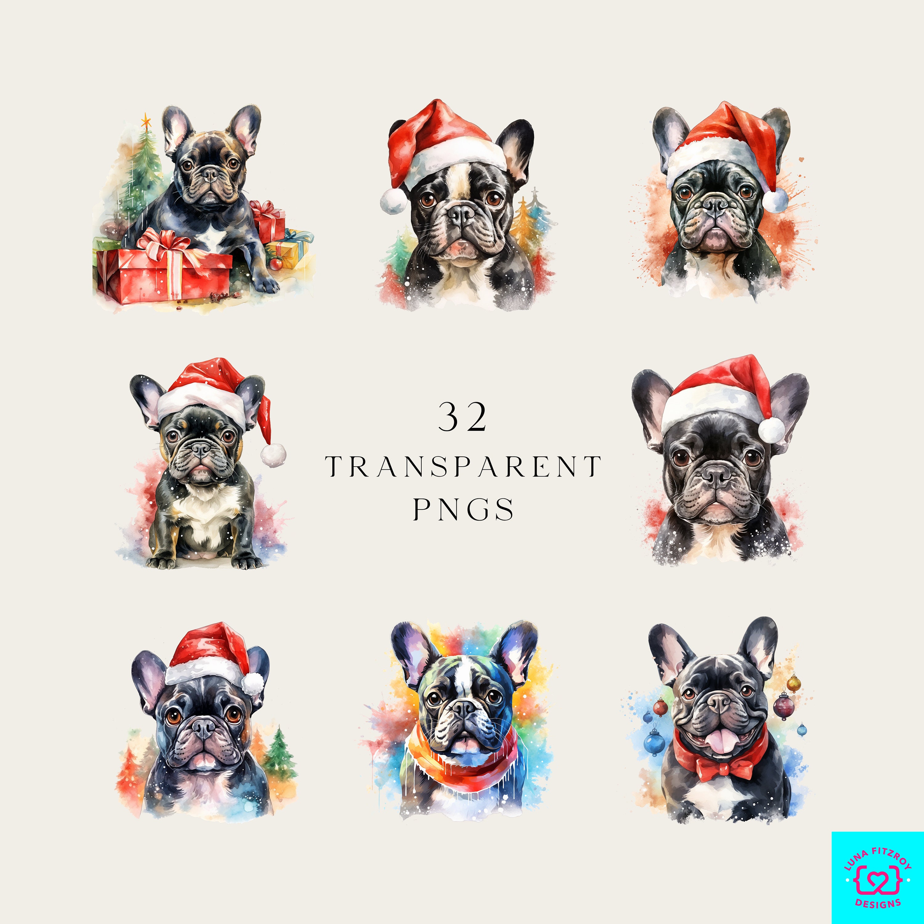 French Bulldog Christmas PNG, Bundle of 64 Watercolor Clipart ...