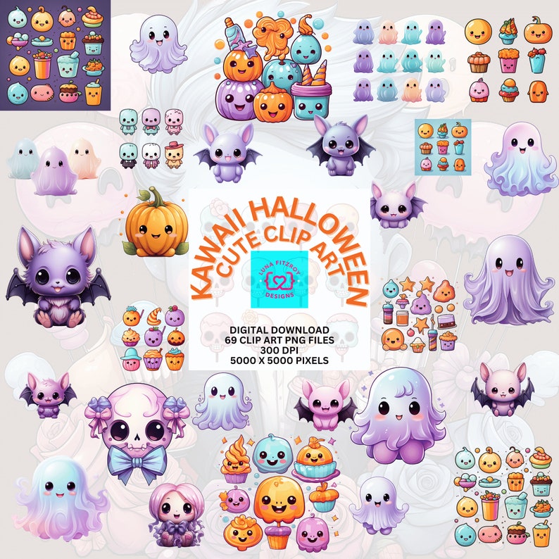 Cute Kawaii Halloween Clipart Bundle, 69 Happy Halloween Kawaii Clipart ...