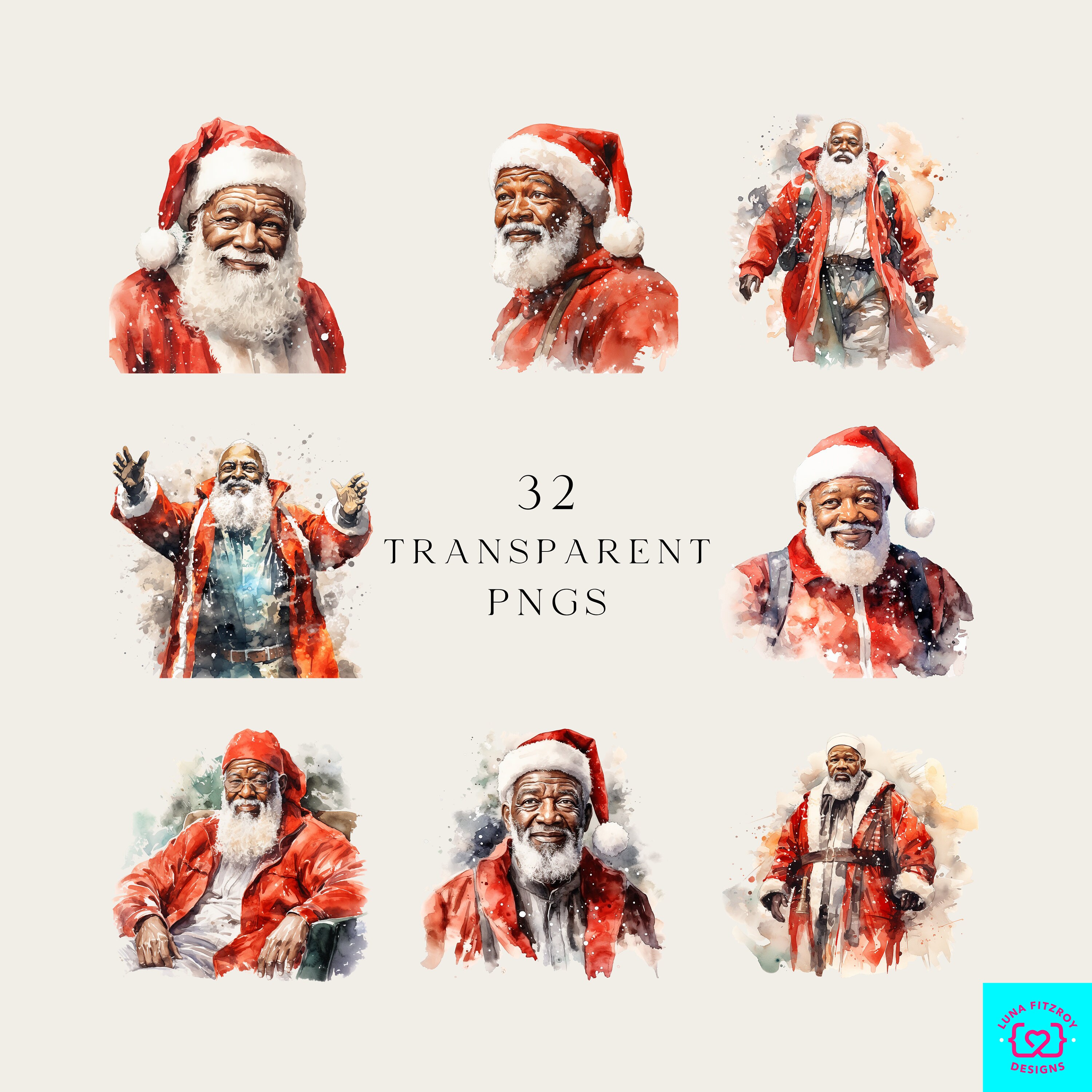 Black Santa PNG, Bundle of 64 African American Santa Clipart ...
