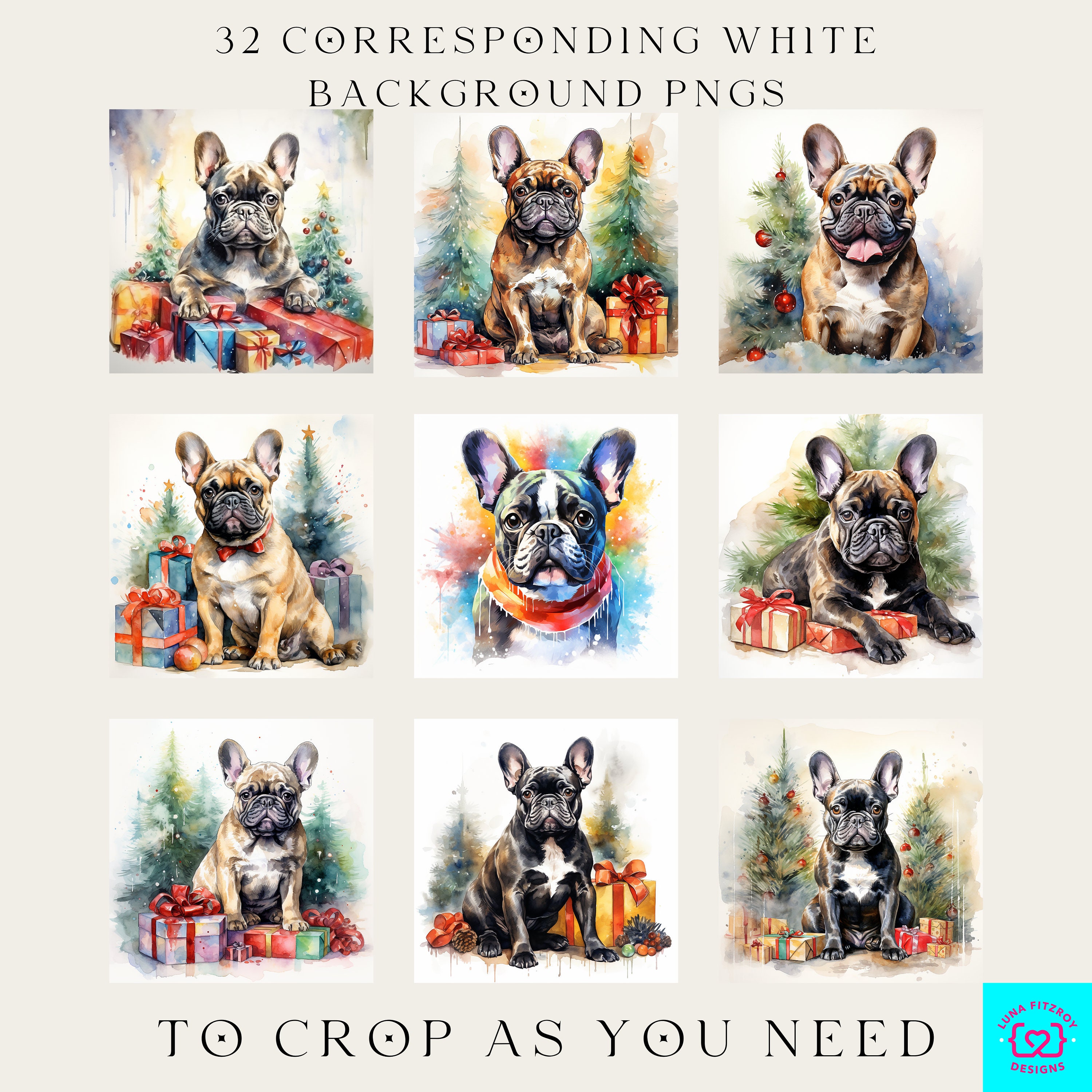 French Bulldog Christmas PNG, Bundle of 64 Watercolor Clipart ...