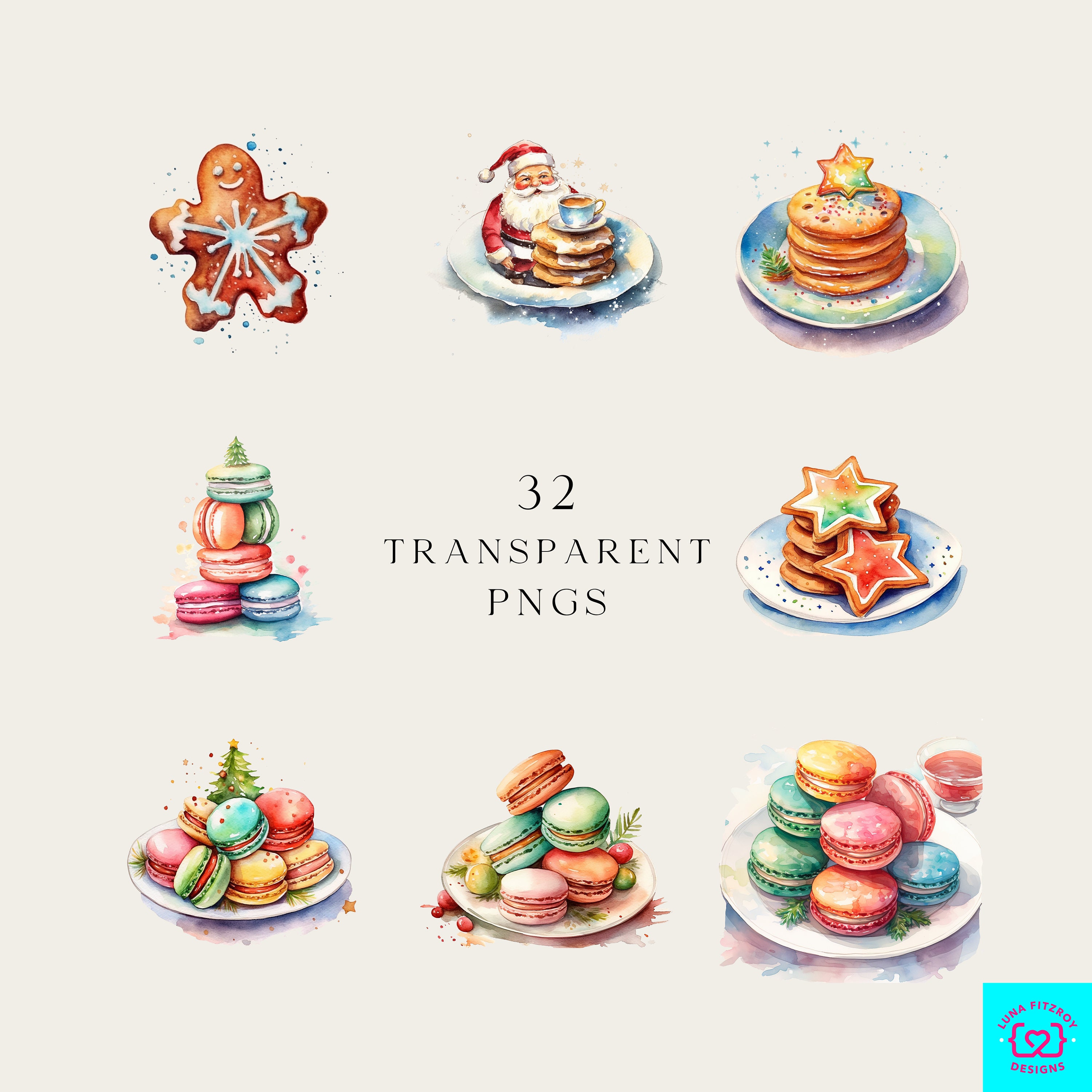Christmas Cookie Clipart, Bundle of 64 Watercolor Christmas PNG, Boho ...