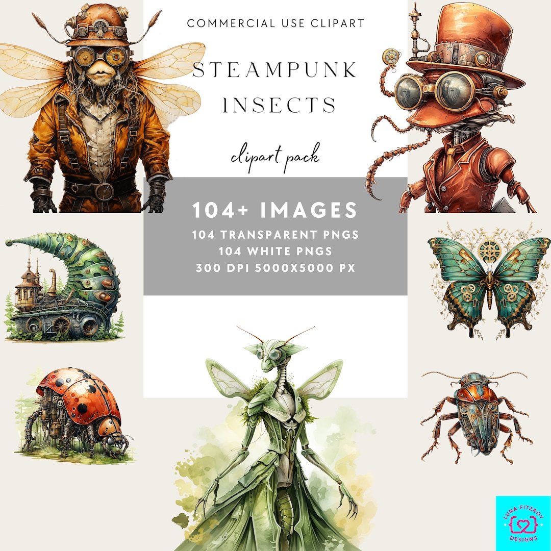 Steampunk Woodland Insect Clipart Bundle of 104 PNG, Watercolor Insect ...