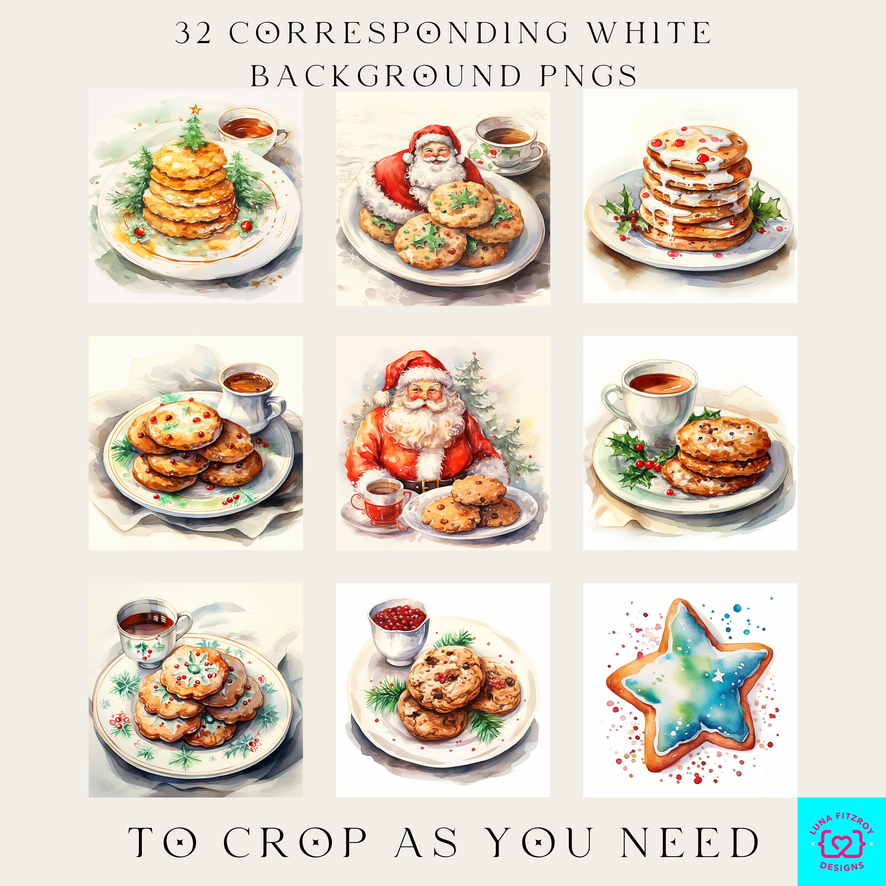 Christmas Cookie Clipart, Bundle of 64 Watercolor Christmas PNG, Boho ...